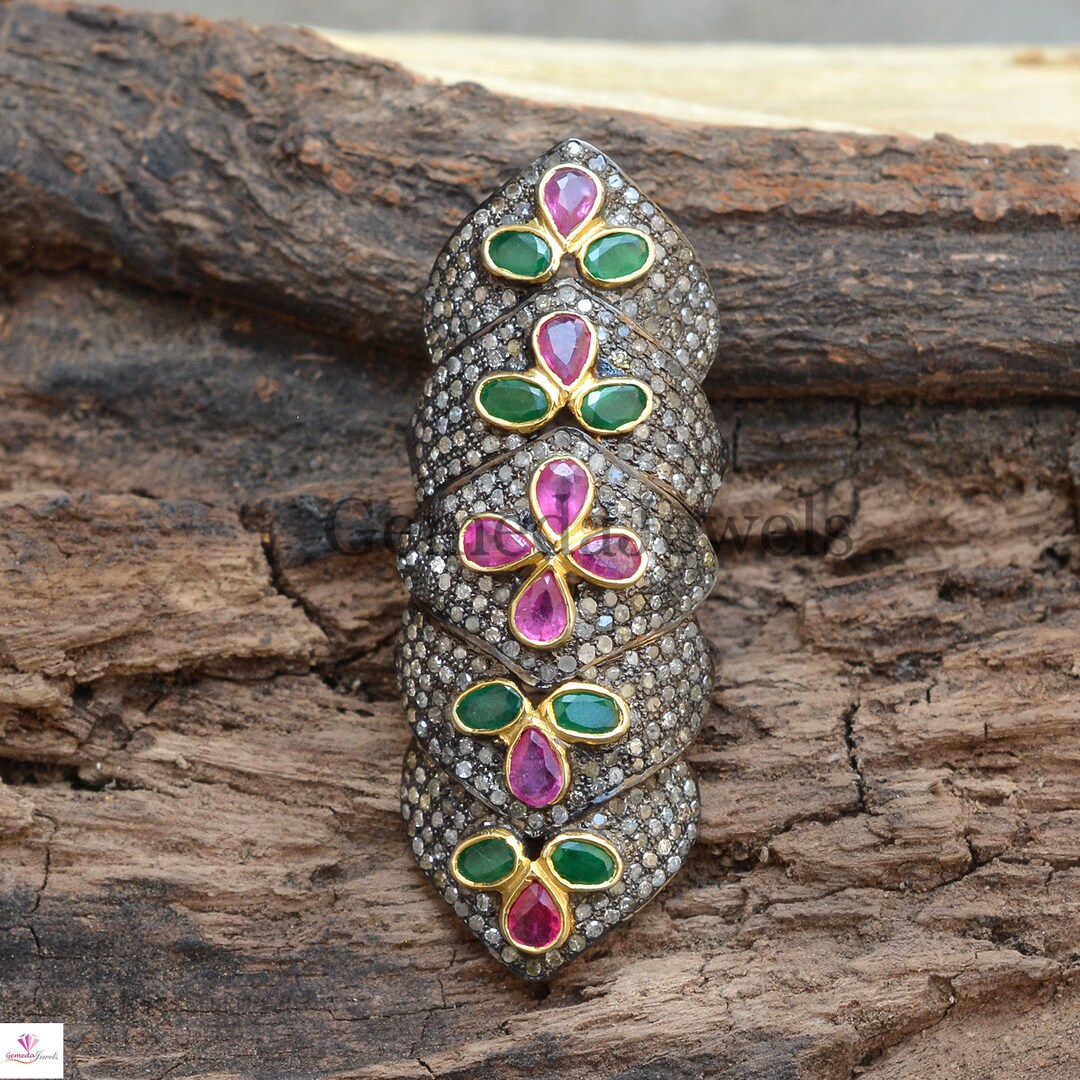 Natural Pave Diamond Gemstone Knuckle Ring, Ruby Emerald Flower Ring ...