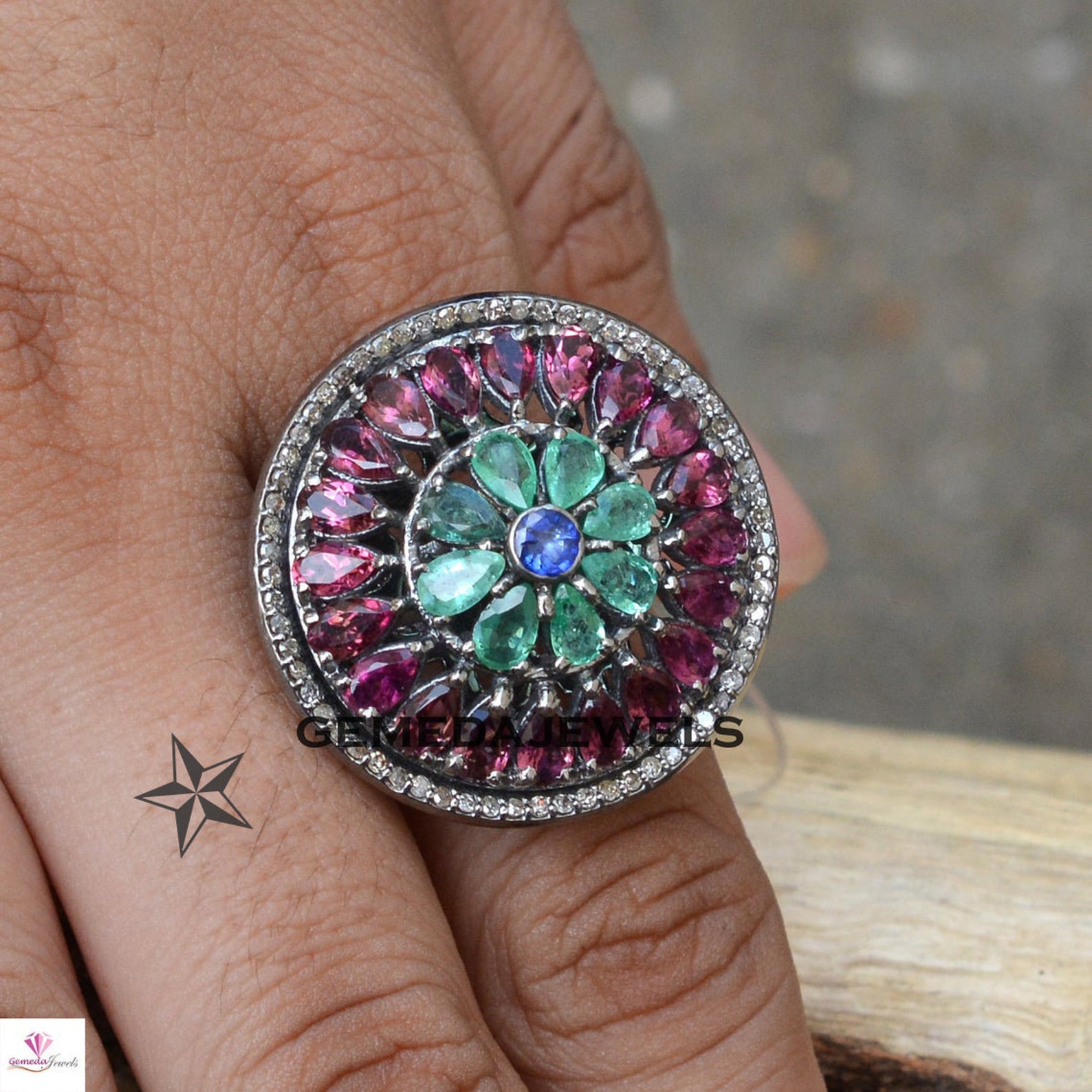 Multi Gemstone Ring Pave Diamond Ring Gemstone Flower Ring | Etsy