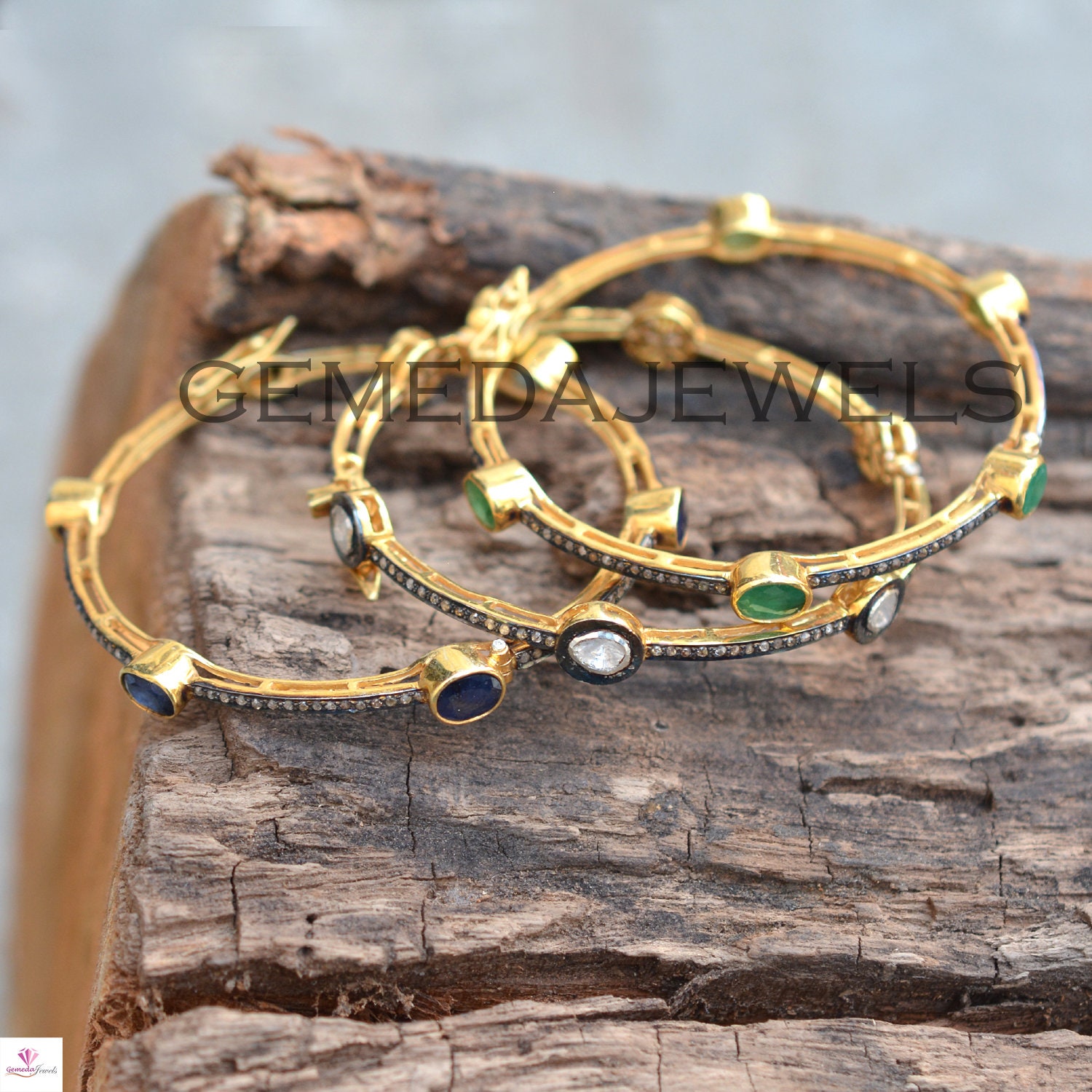 Polki Diamond Bangle: Blue Sapphire, Emerald, Gold Vermeil 925 Silver ...