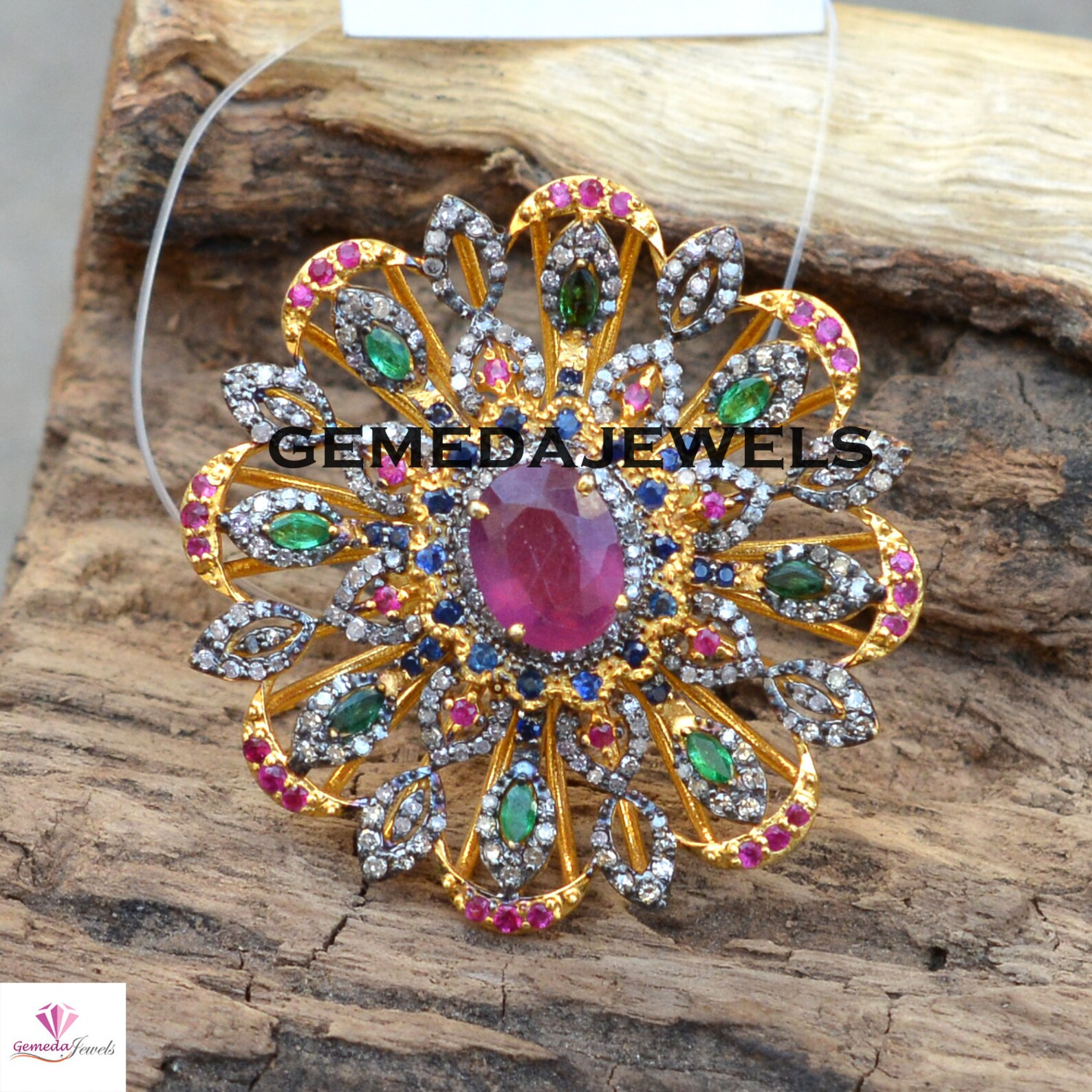 Multi Gemstone Ring Flower Gemstone Ring Pave Diamond | Etsy