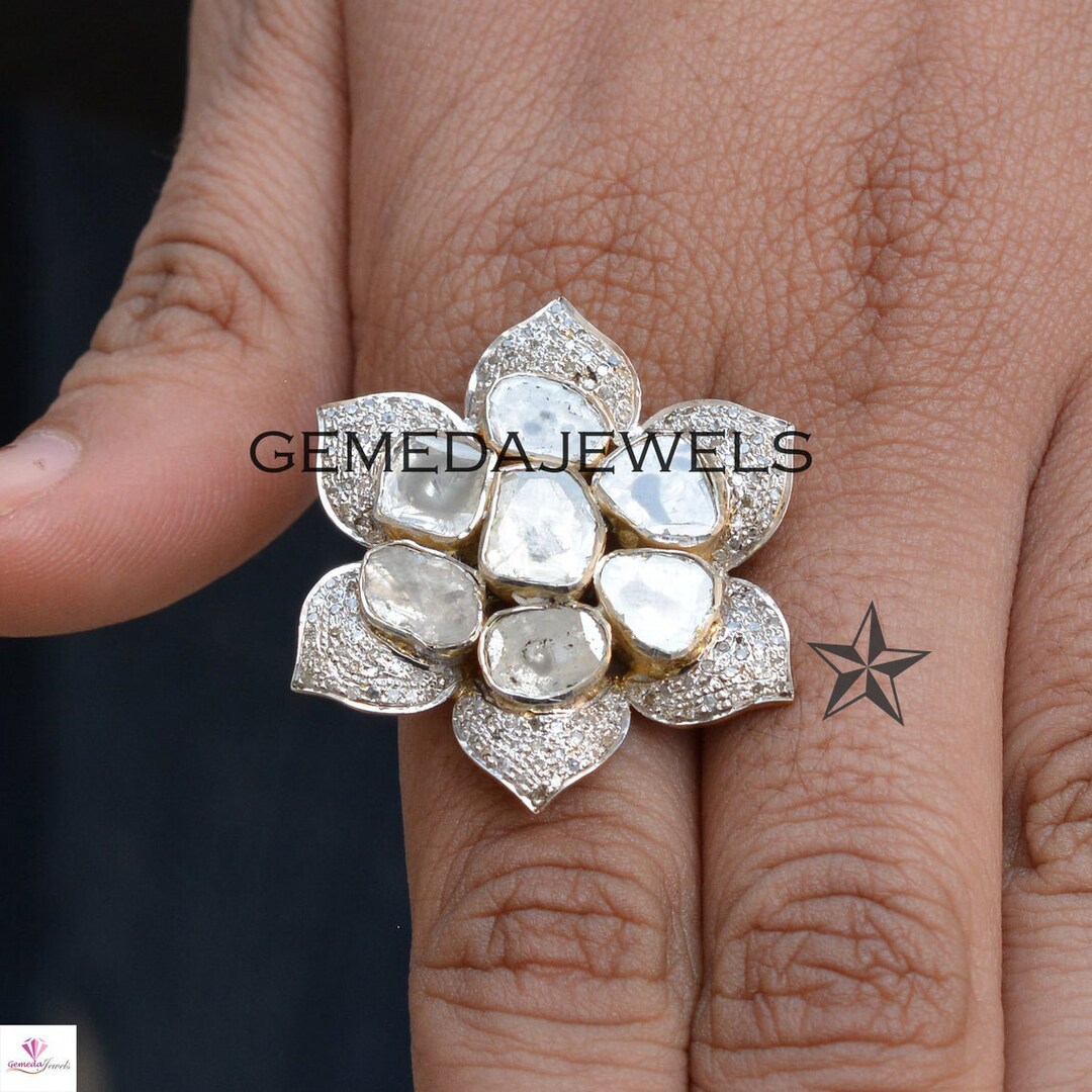 Polki Diamond Flower Ring, Pave Diamond Ring Jewelry, Sterling Silver ...