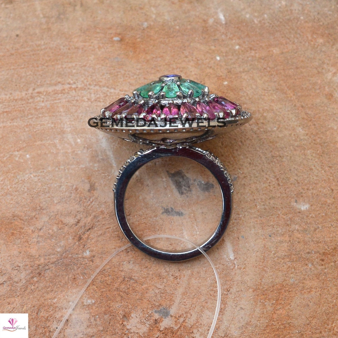 Multi Gemstone Ring Pave Diamond Ring Gemstone Flower Ring | Etsy