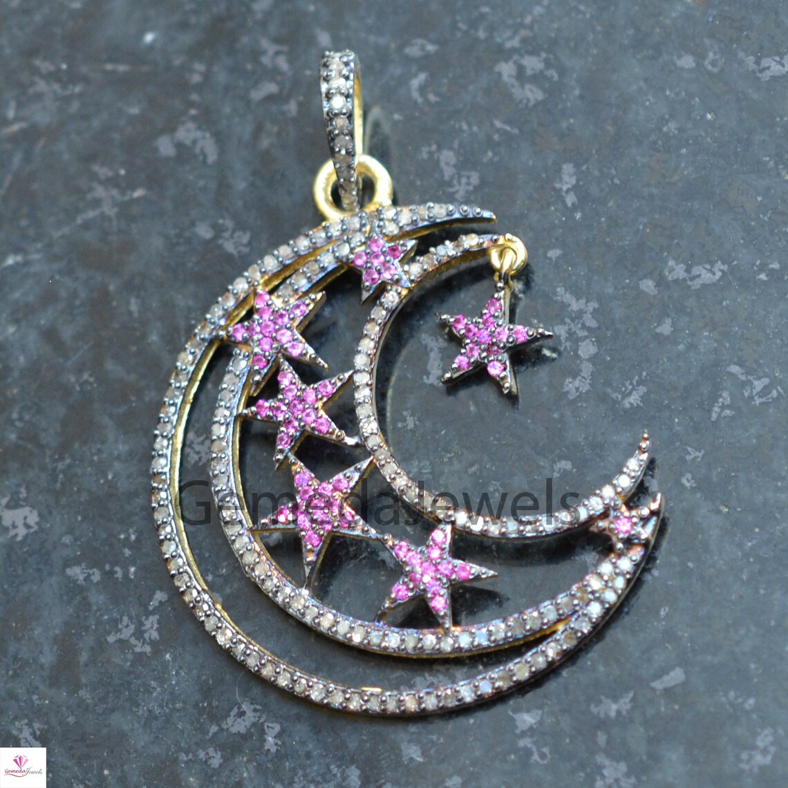 Pave Diamond Crescent Moon Pendant: Ruby Star, Gold Vermeil Silver - Etsy