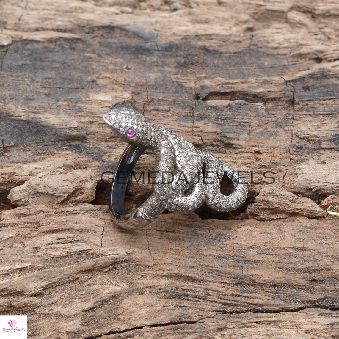 Pave Diamond Snake Ring Red Ruby Eye Diamond Snake Sterling | Etsy