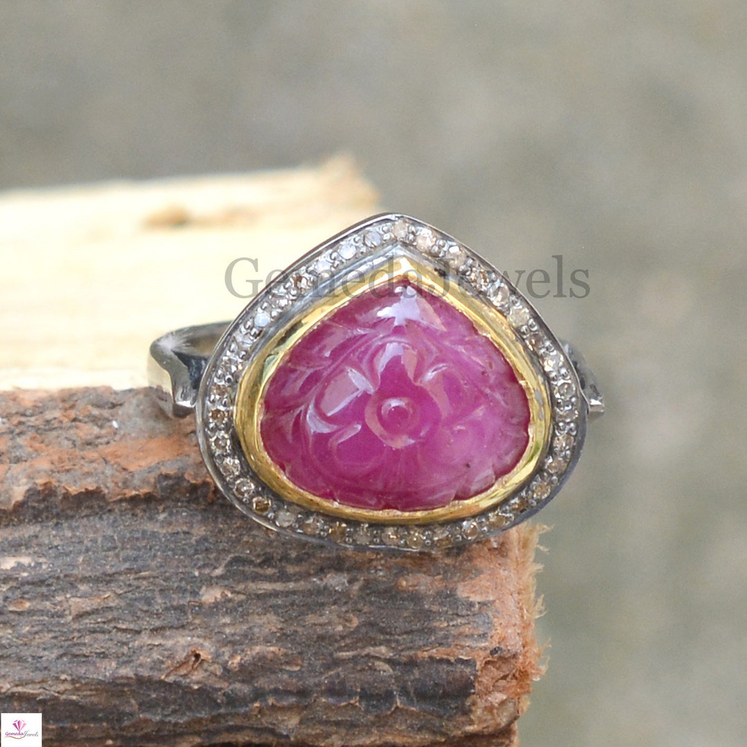Sale! Carving Ruby Flower Silver Ring, Red Stone Ring, Pave Diamond ...