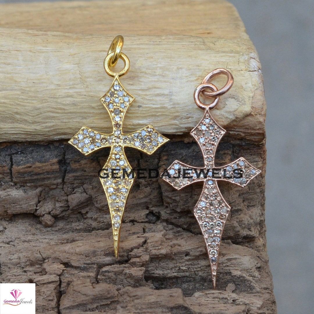 Pave Diamond Cross Pendant: Rose Gold / Yellow Gold Plated 925 Silver ...