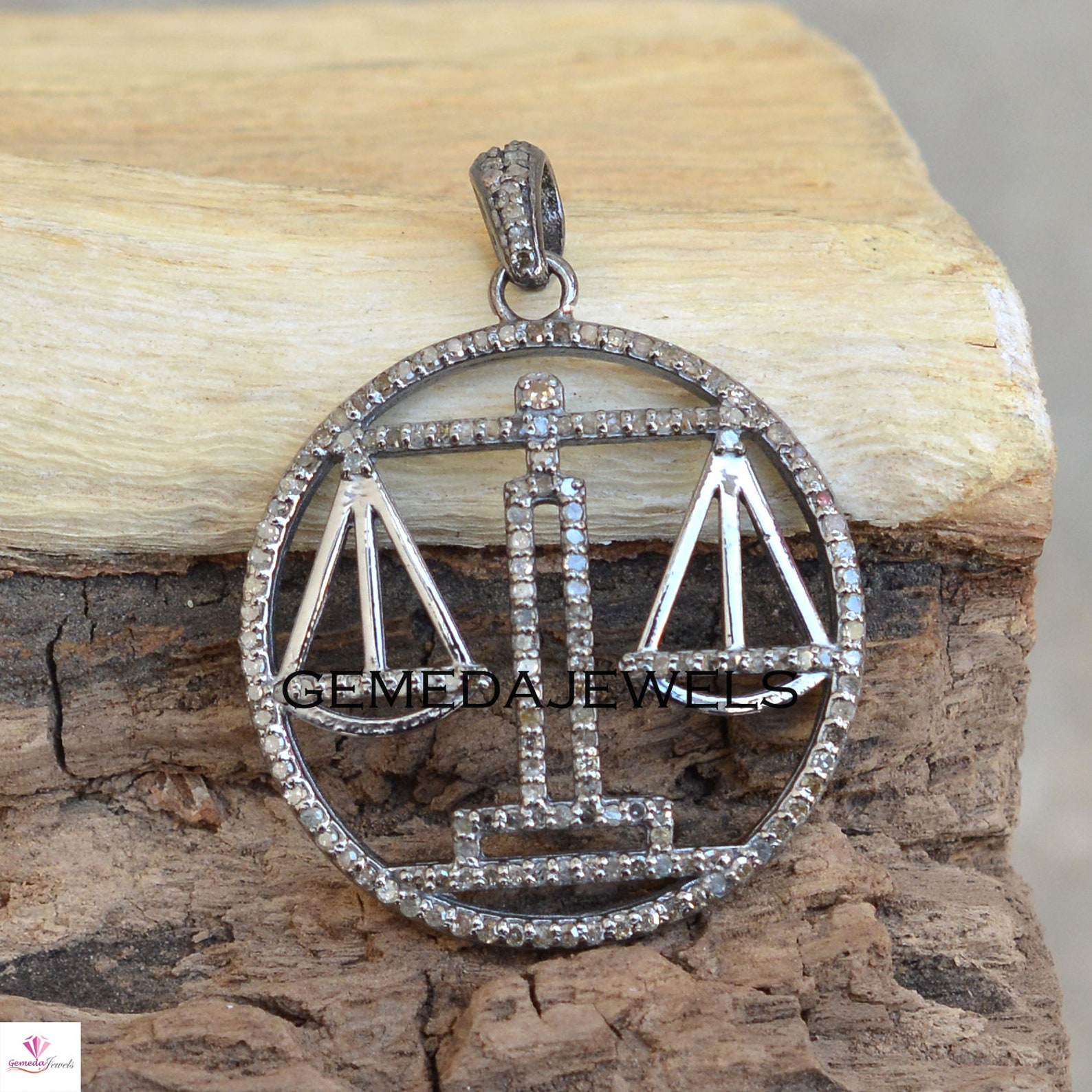 Pave Diamond Pendant Diamond Scale of Libra 925 Silver - Etsy