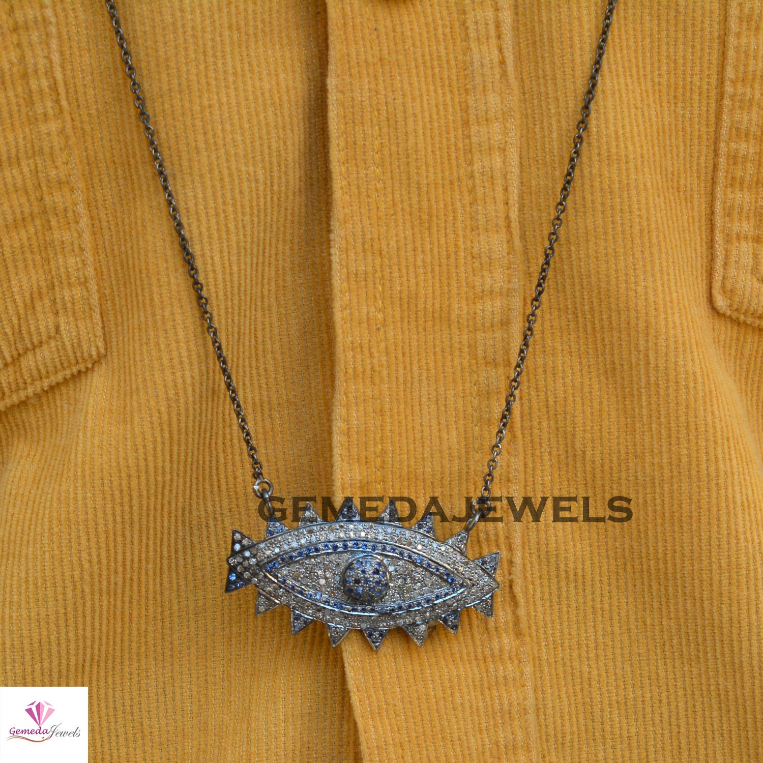 Pave Diamond Evil Eye Necklace Sapphire Evil Eye Pendant 925 | Etsy