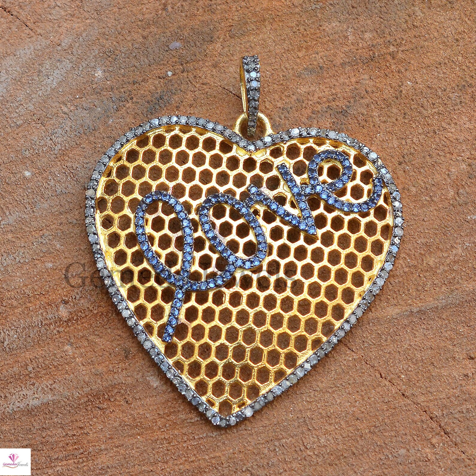 Sapphire Initial Love Pendant Pave Diamond Heart Pendant | Etsy