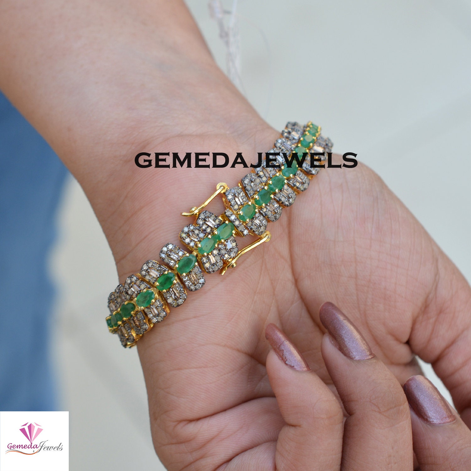 Ruby Gemstone Bracelet: Baguette Diamond, Emerald, 925 Silver Gold ...