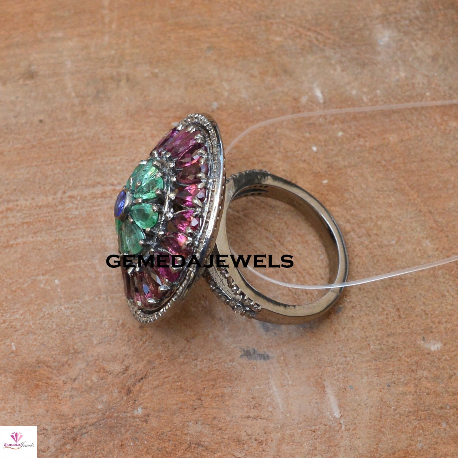 Multi Gemstone Ring Pave Diamond Ring Gemstone Flower Ring | Etsy