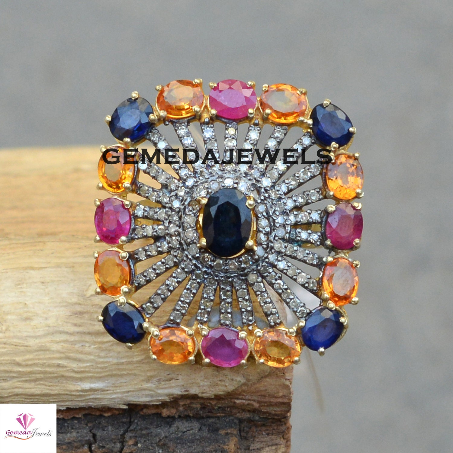 Sale Multi Sapphire Ring Diamond Gemstone Ring 925 | Etsy