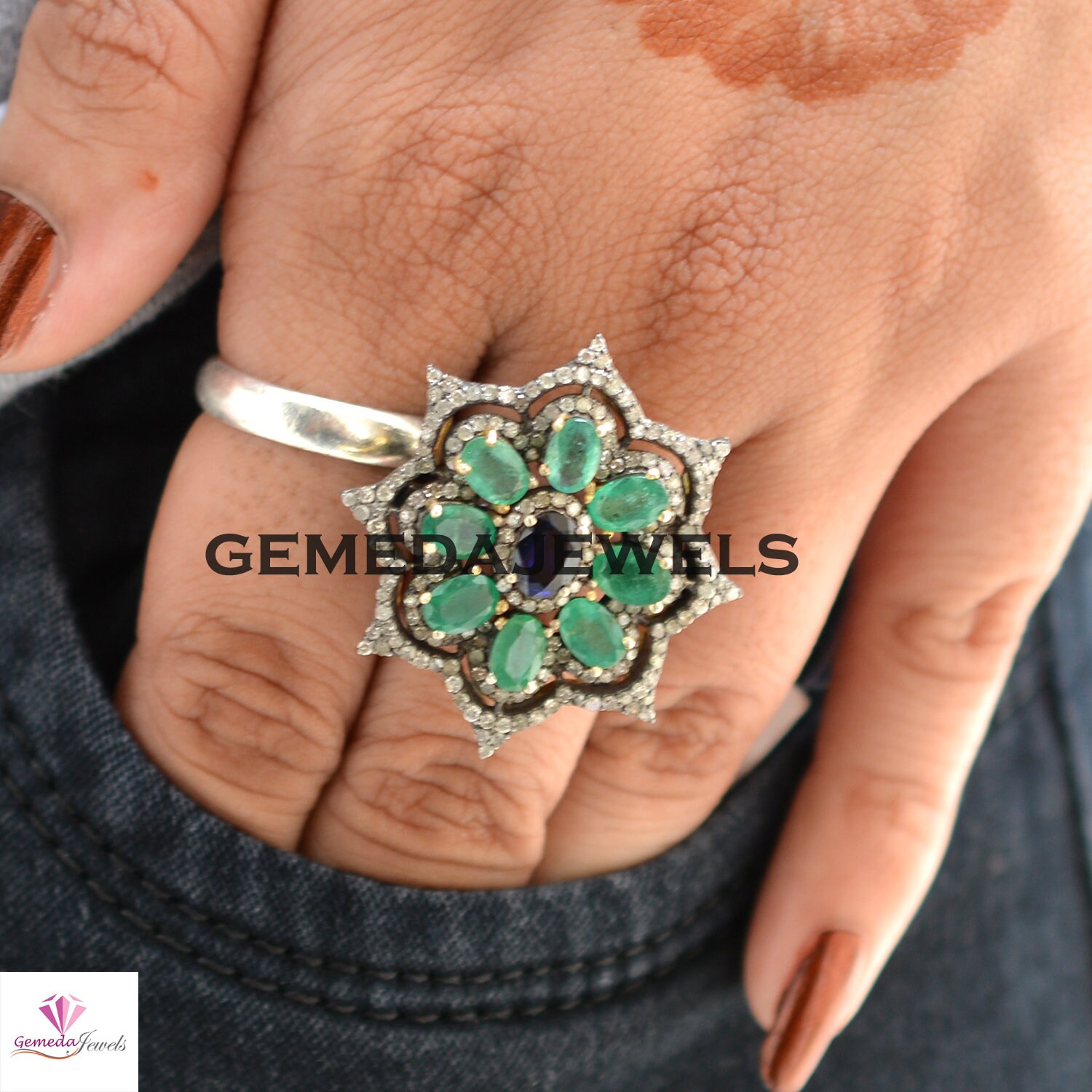 Saphir Edelstein Blumen Ring Smaragd Ring Schmuck Pave - Etsy
