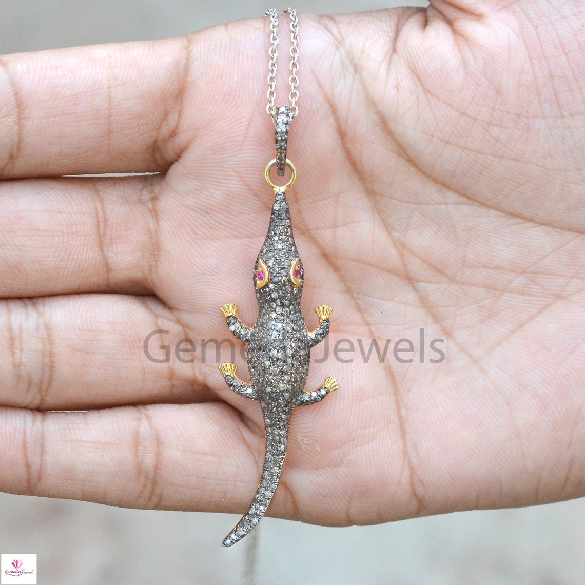 Pave Diamond Crocodile Pendant 925 Silver Gold Plated | Etsy