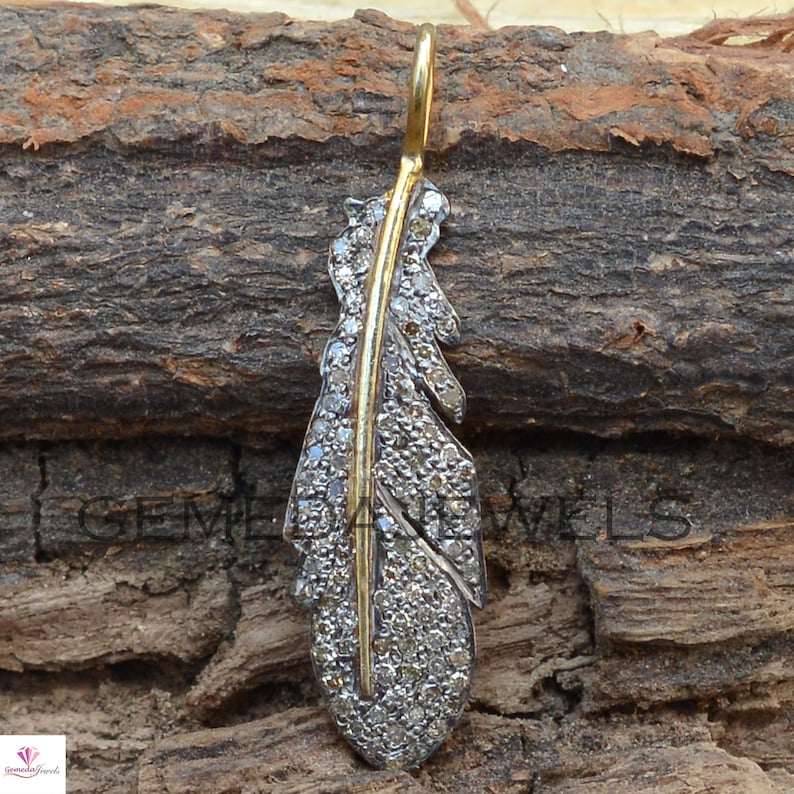 Genuine Pave Diamond Pendant 925 Silver Feather Jewelry - Etsy