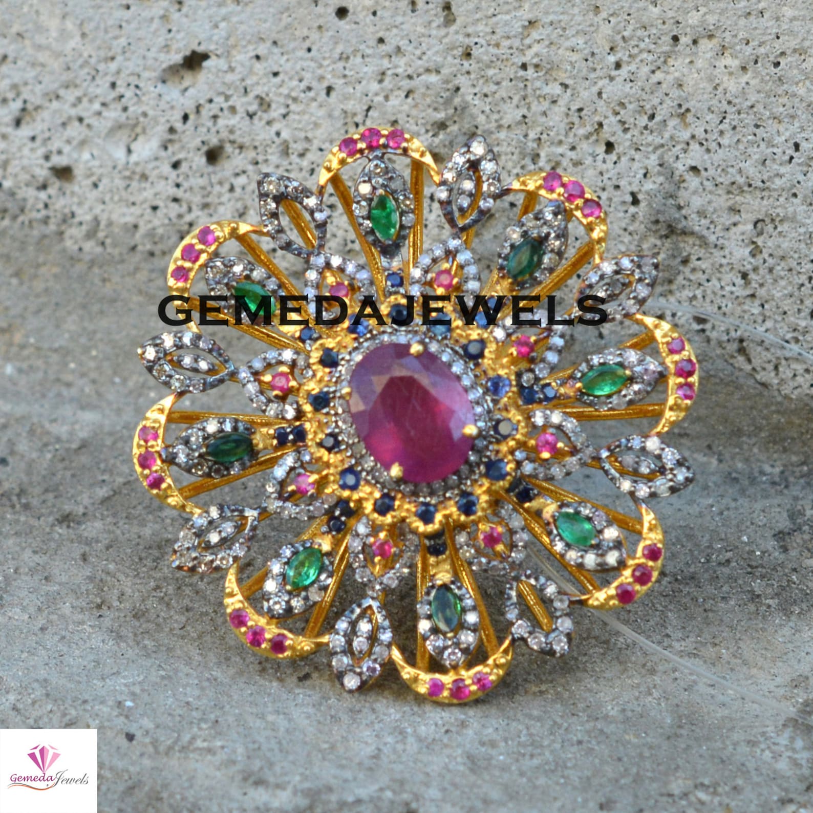 Multi Gemstone Ring Flower Gemstone Ring Pave Diamond | Etsy