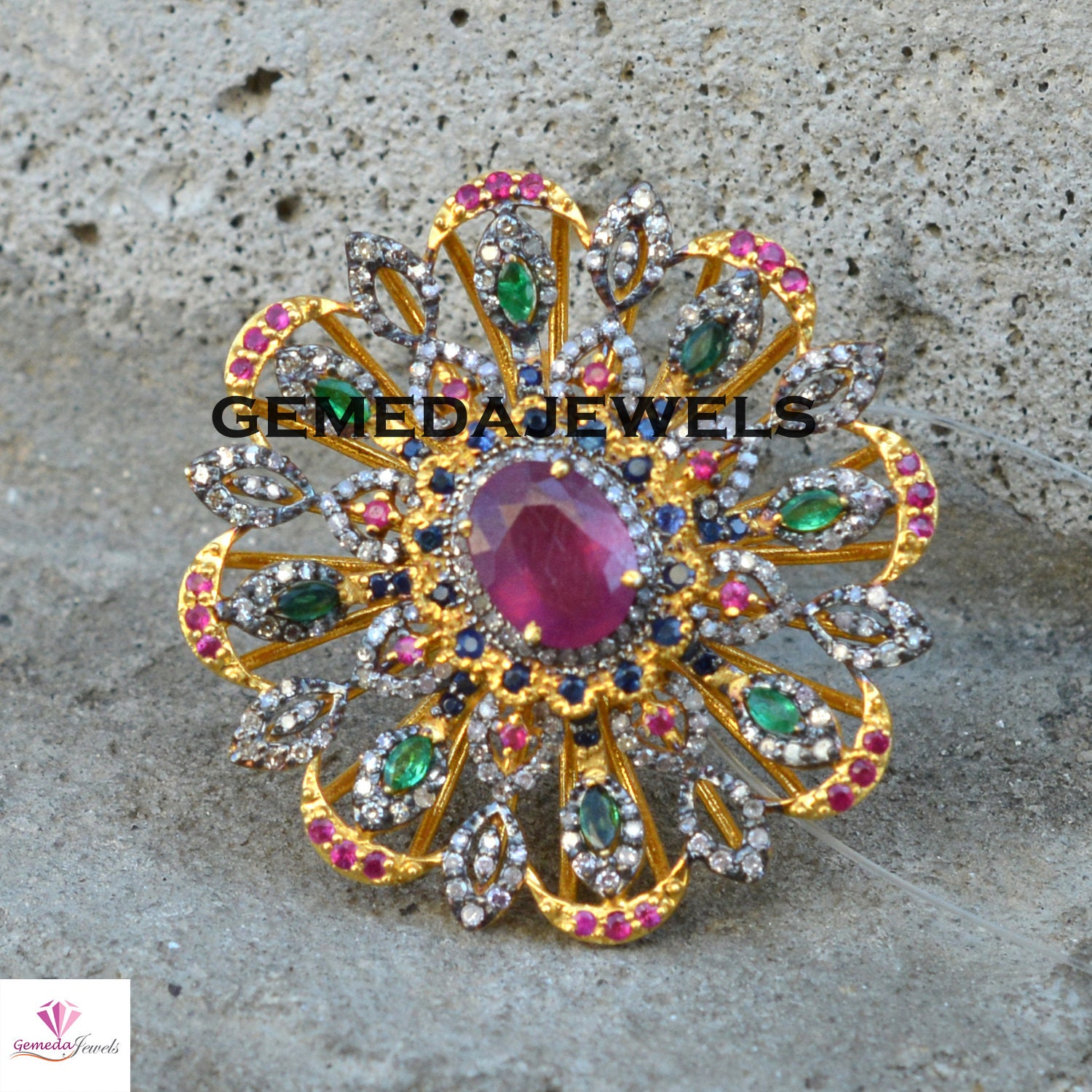 Multi Gemstone Ring Flower Gemstone Ring Pave Diamond | Etsy