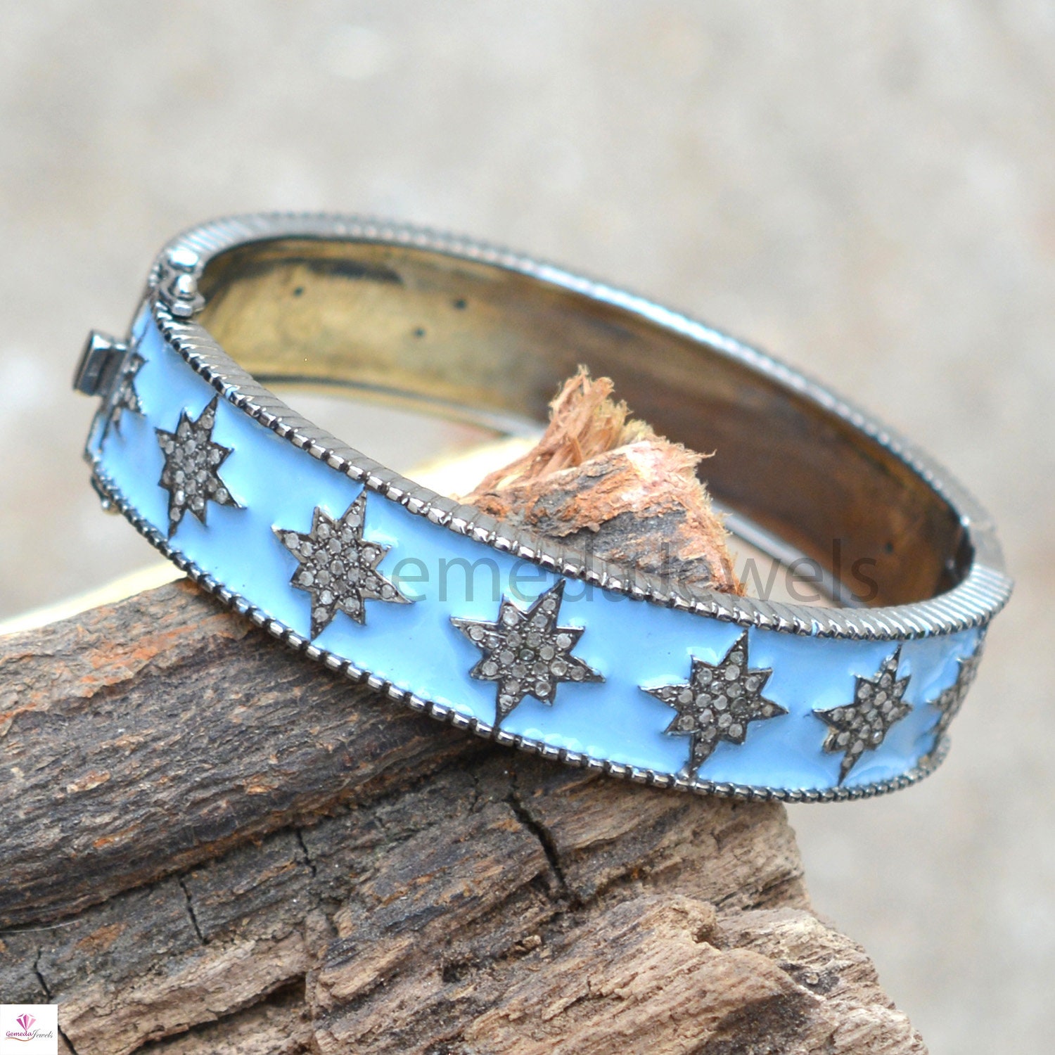 Sale Pave Diamond STAR Cuff Bangle Blue Enamel Bangle | Etsy