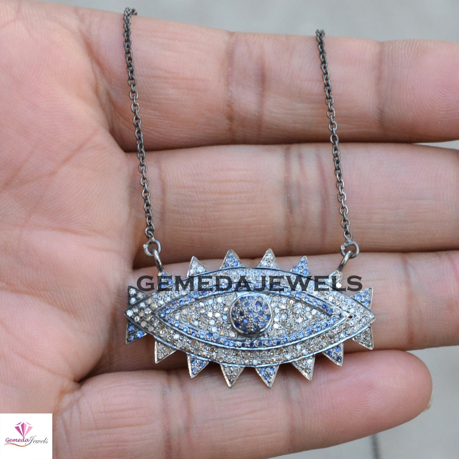 Pave Diamond Evil Eye Necklace Sapphire Evil Eye Pendant 925 | Etsy