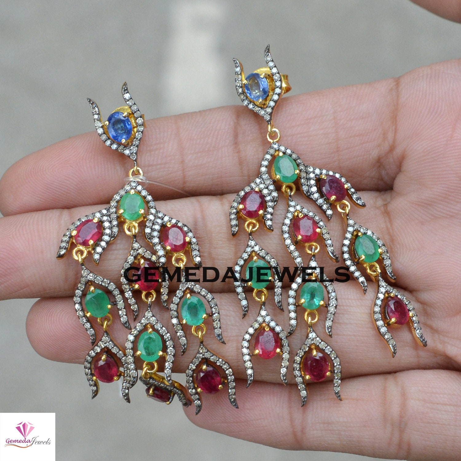 Ruby Silver Earrings Emerald Gemstone Earrings Pave Diamond - Etsy