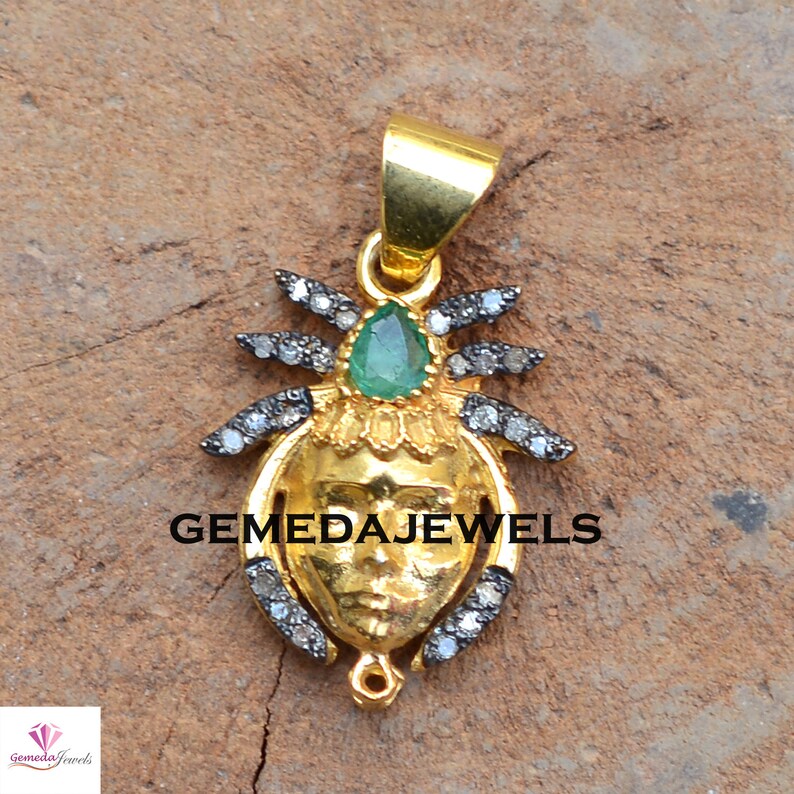 Pave Diamond God Face Pendant Emerald Gemstone Pendant - Etsy