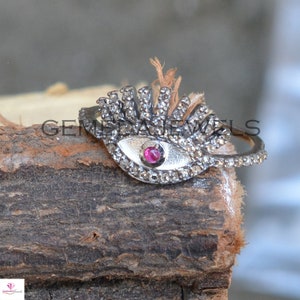 Natural Pave Diamond Ring, Red Ruby Evil Eye Ring, Sterling Silver ...