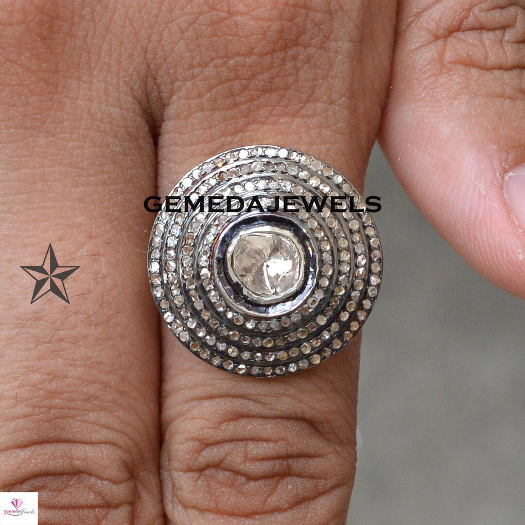 Polki Diamond Ring, 925 Silver Jewelry, Gold Plated Ring, Pave Diamond ...