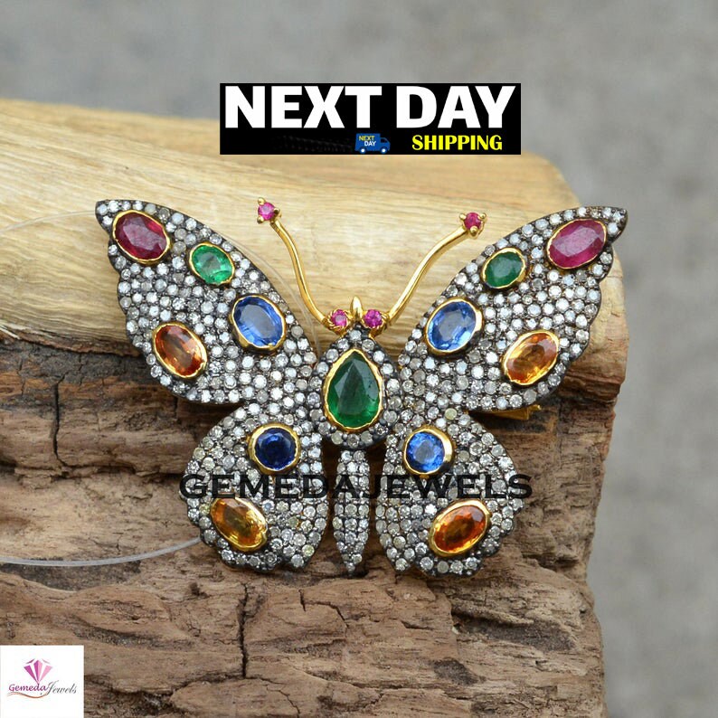 Multi Gemstone Brooch Butterfly Brooch Pin Pave Diamond | Etsy