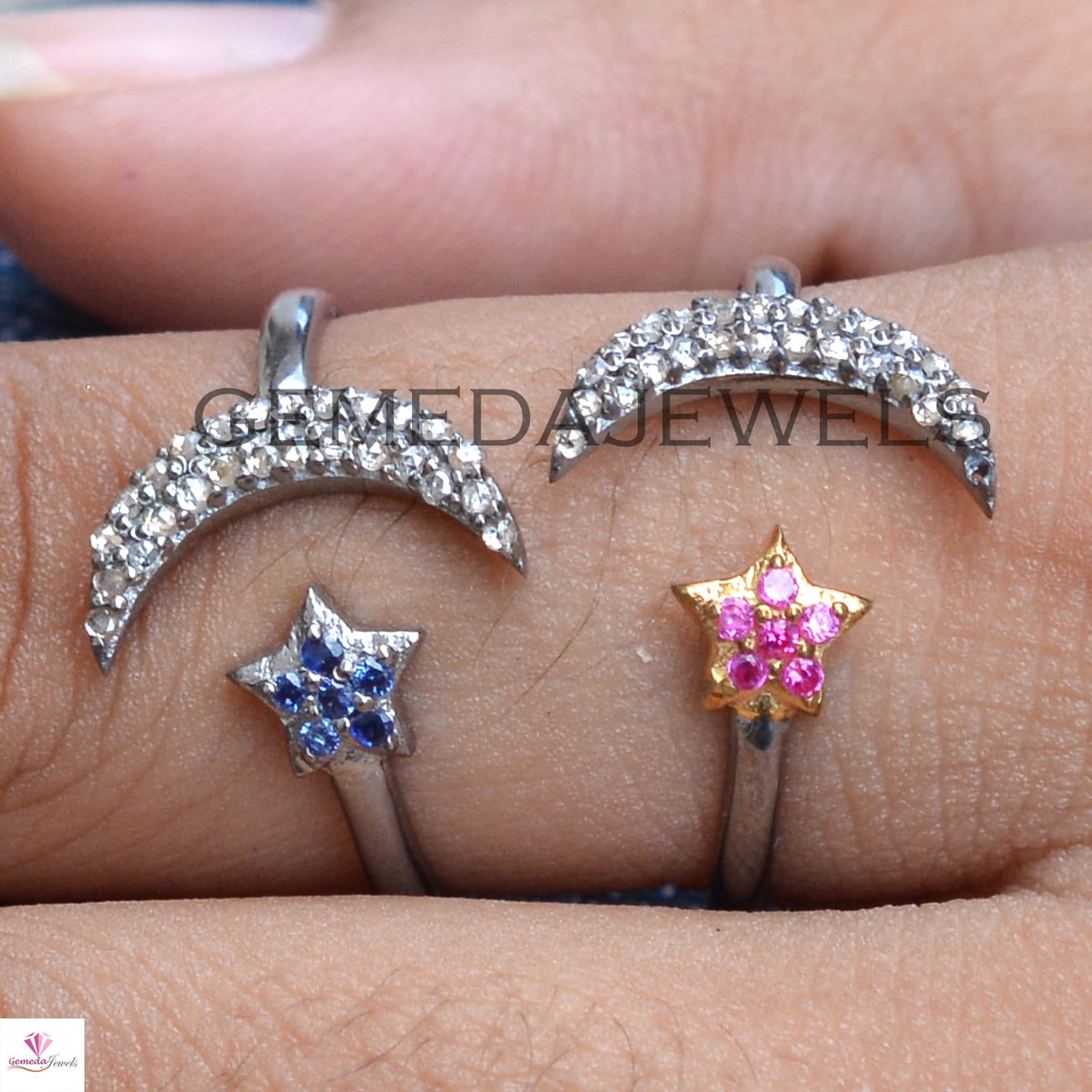 Blue Sapphire Ring Red Ruby Ring Pave Diamond Jewelry | Etsy