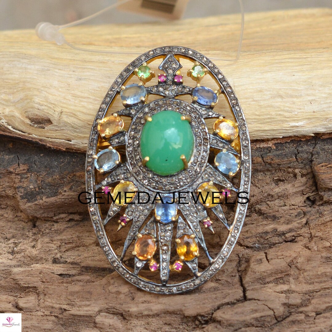 Chrysoprase Gemstone Brooch, Multi Gemstone Brooch Pendant, Pave ...