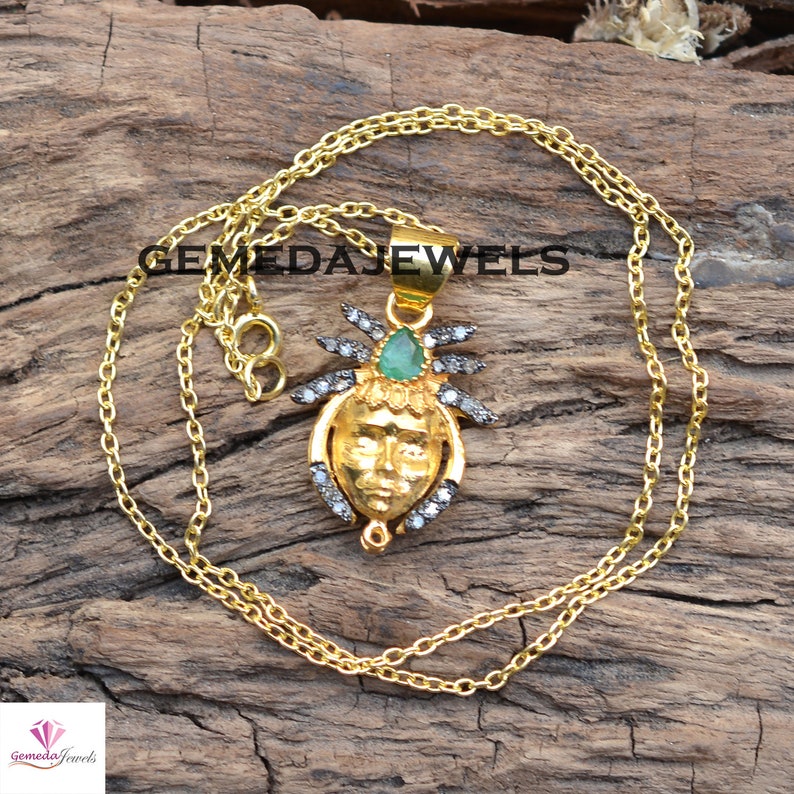 Pave Diamond God Face Pendant Emerald Gemstone Pendant - Etsy