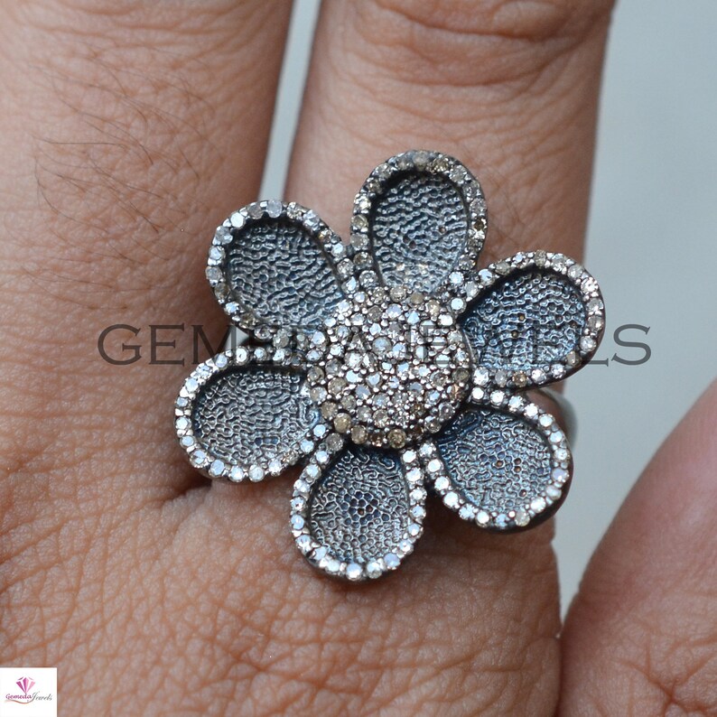 Pave Diamond Silver Ring Diamond Flower Ring Sterling Silver | Etsy