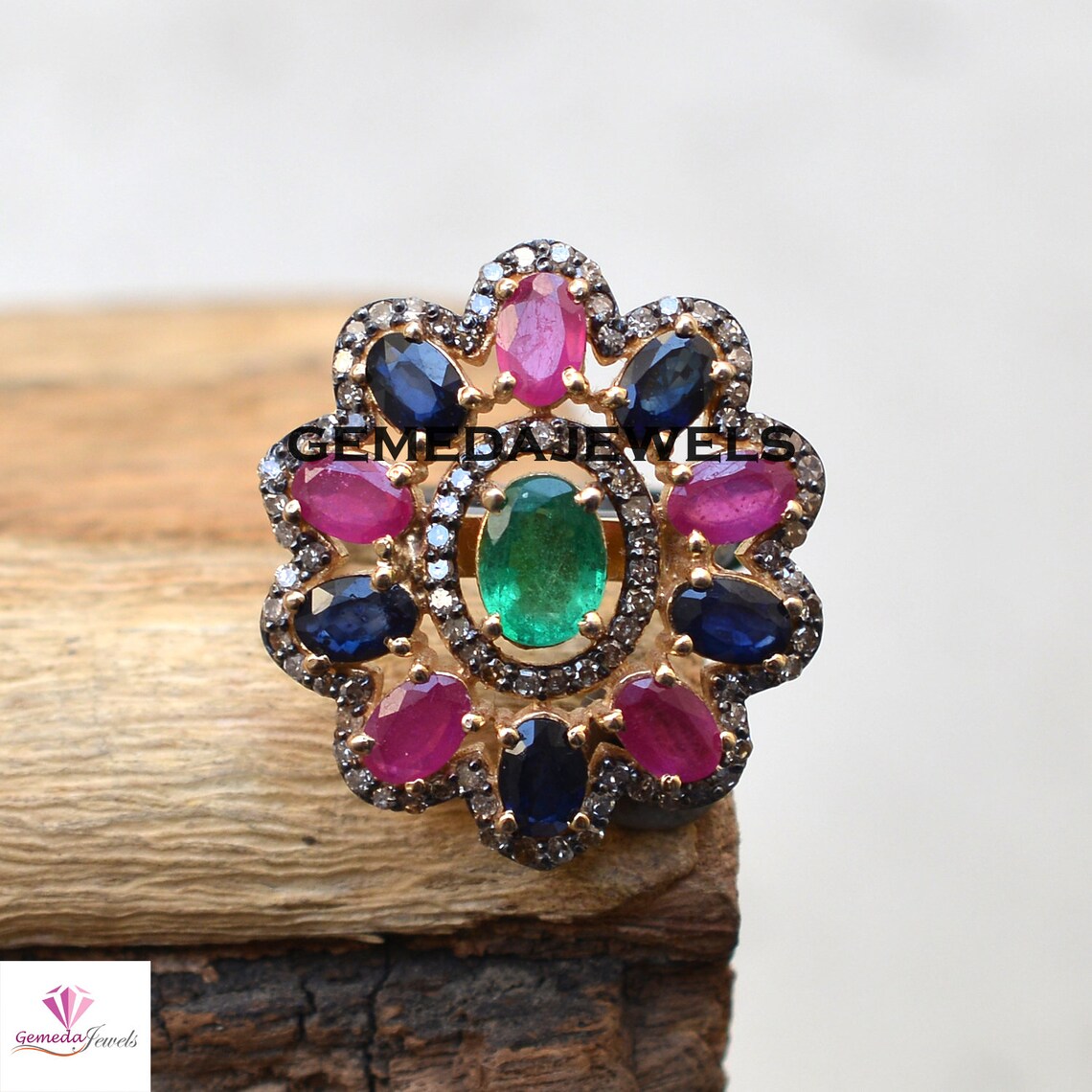 Multi Gemstone Flower Ring Ruby Gemstone Ring Sapphire 925 | Etsy