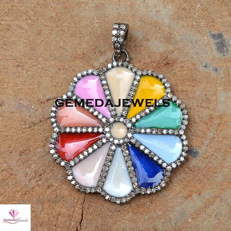 Multi Color Enamel Pendant Pave Diamond Pendant Silver - Etsy