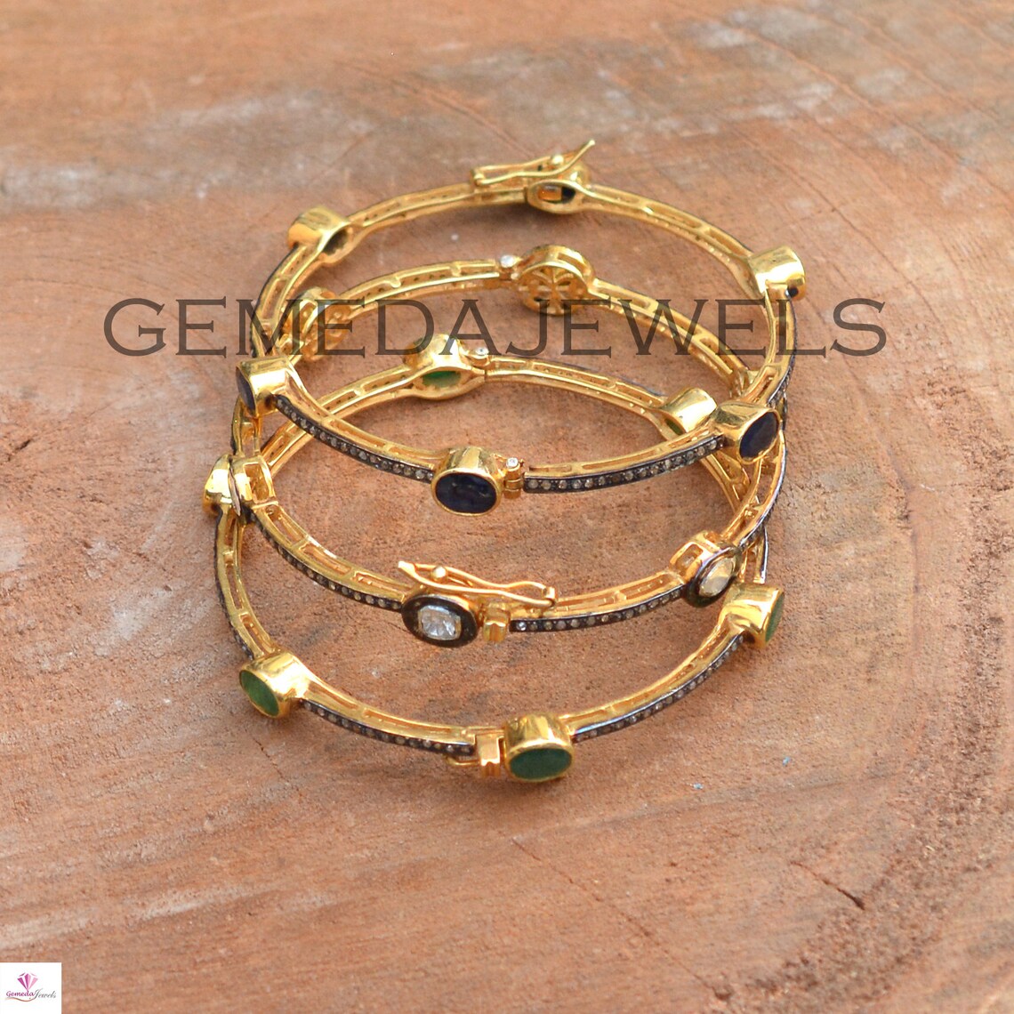 Polki Diamond Bangle: Blue Sapphire, Emerald, Gold Vermeil 925 Silver ...