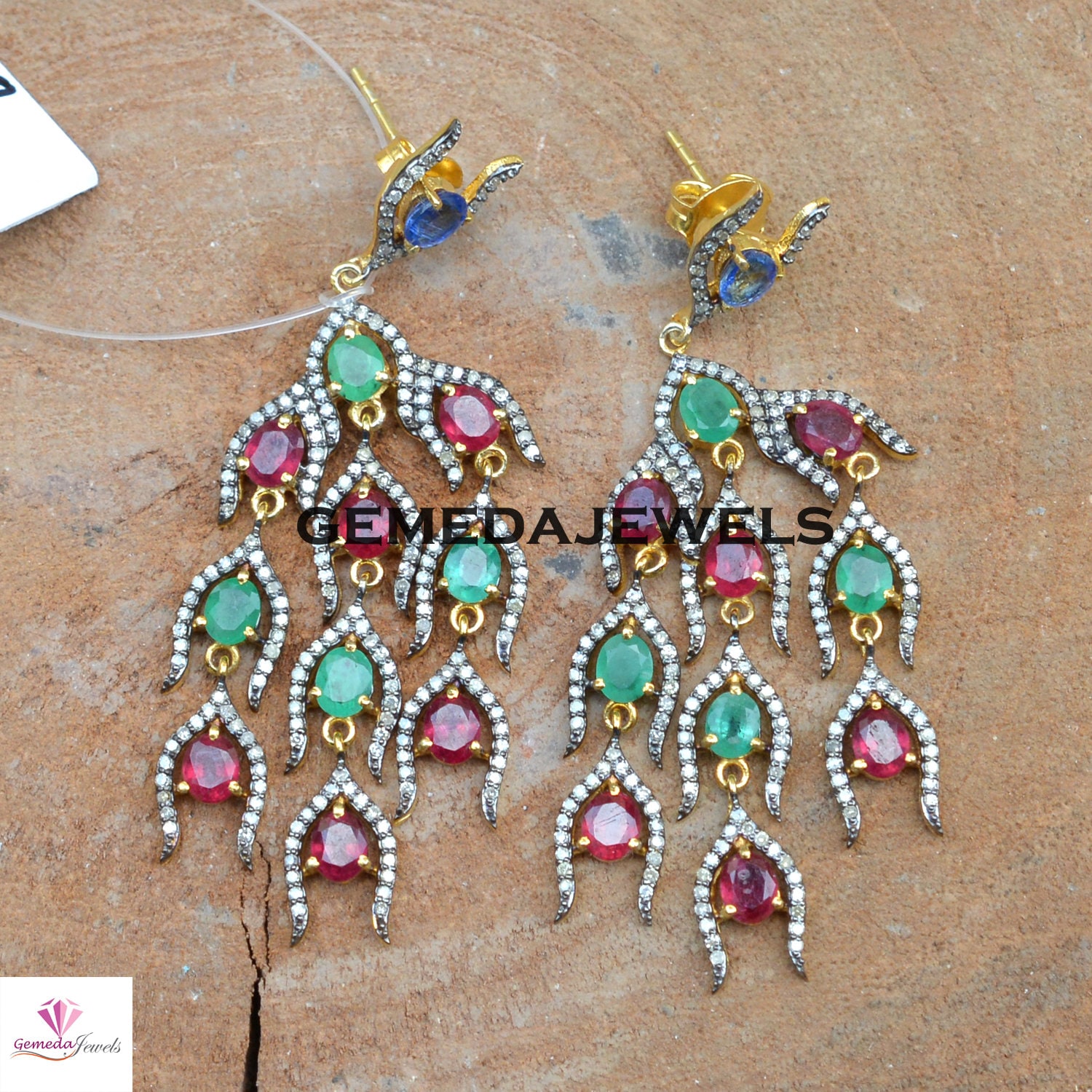 Ruby Silver Earrings Emerald Gemstone Earrings Pave Diamond - Etsy