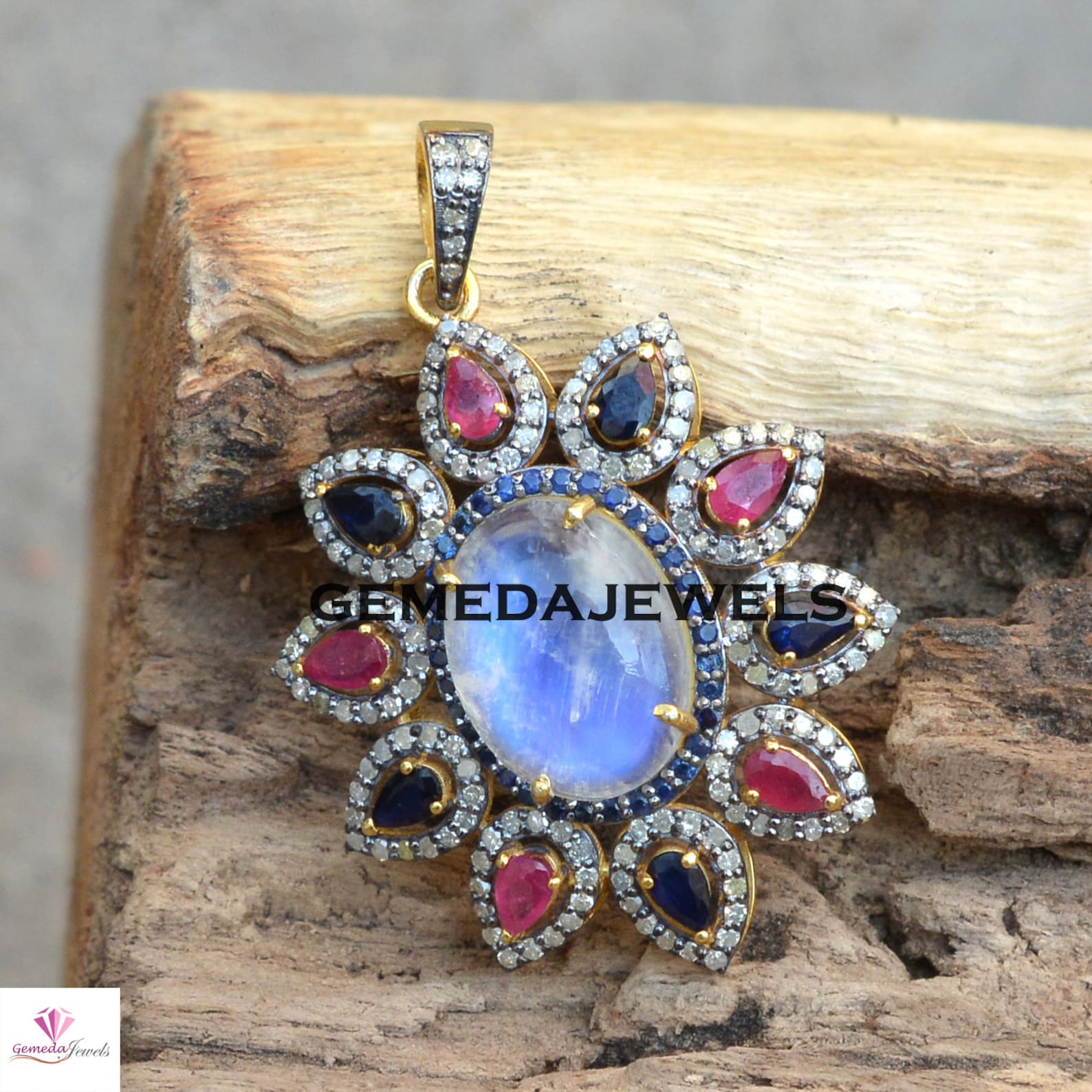 Moonstone Flower Pendant Pave Diamond Jewelry 925 Silver | Etsy