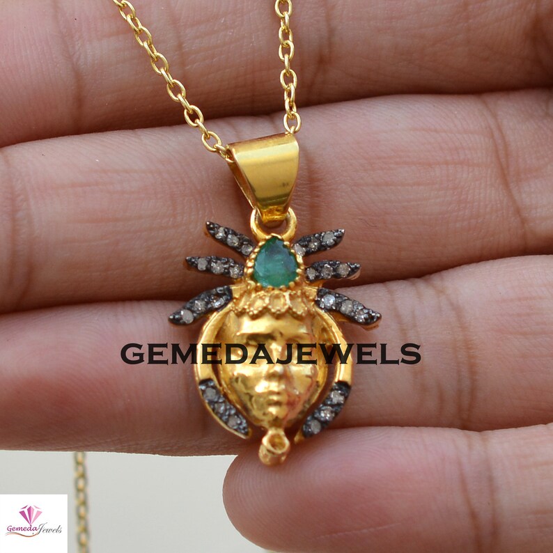 Pave Diamond God Face Pendant Emerald Gemstone Pendant - Etsy