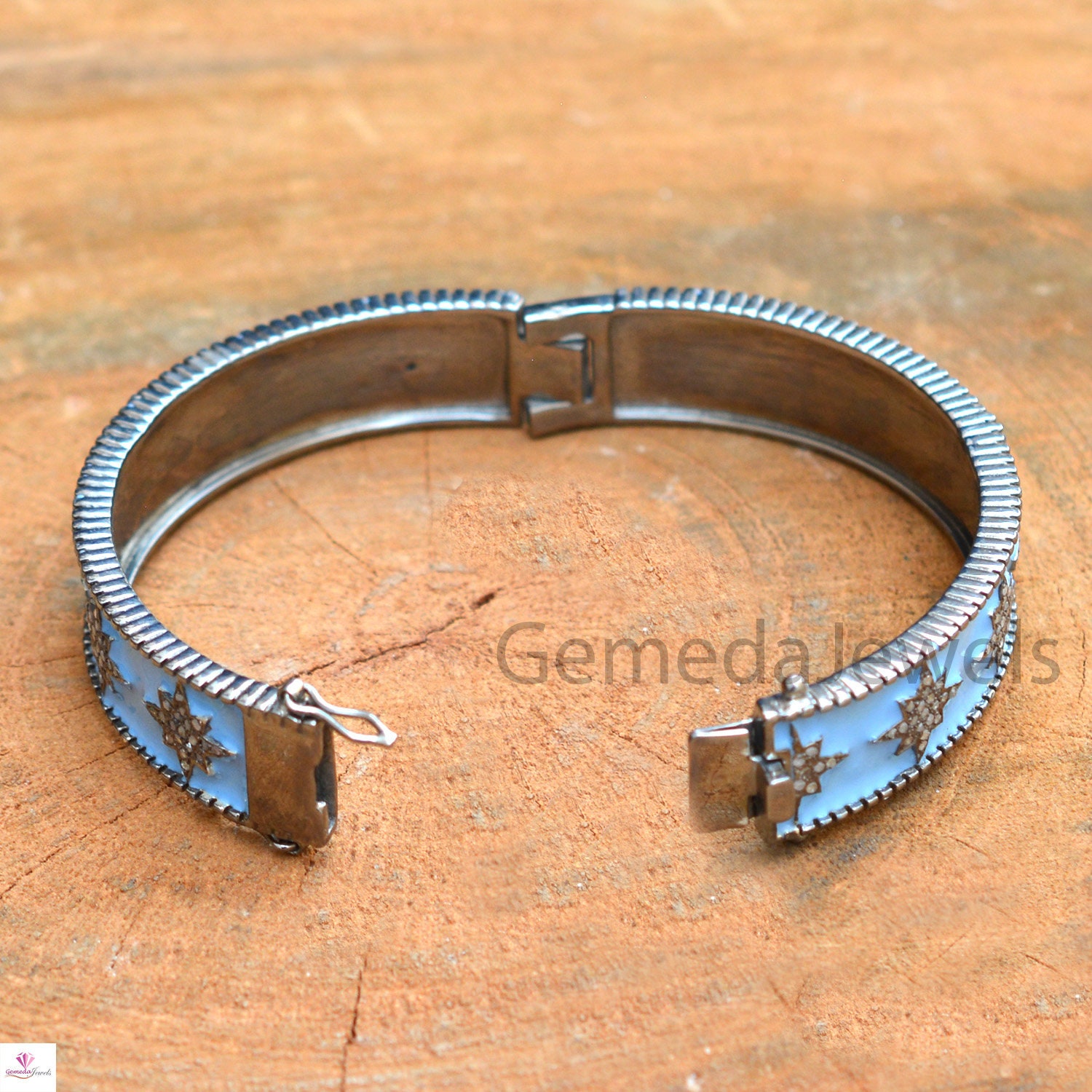 Sale Pave Diamond STAR Cuff Bangle Blue Enamel Bangle | Etsy