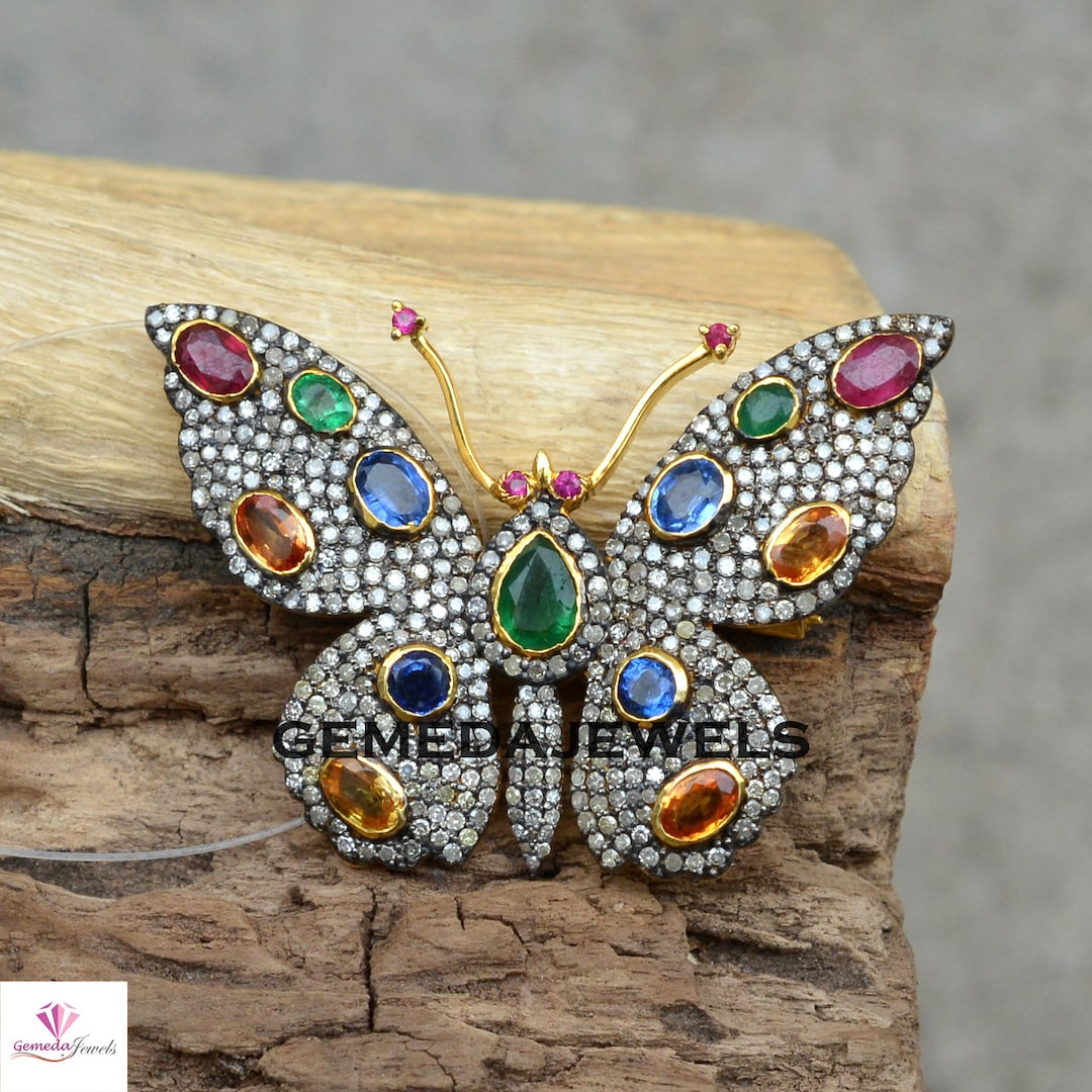 Multi Gemstone Brooch, Butterfly Brooch Pin, Pave Diamond Brooch ...