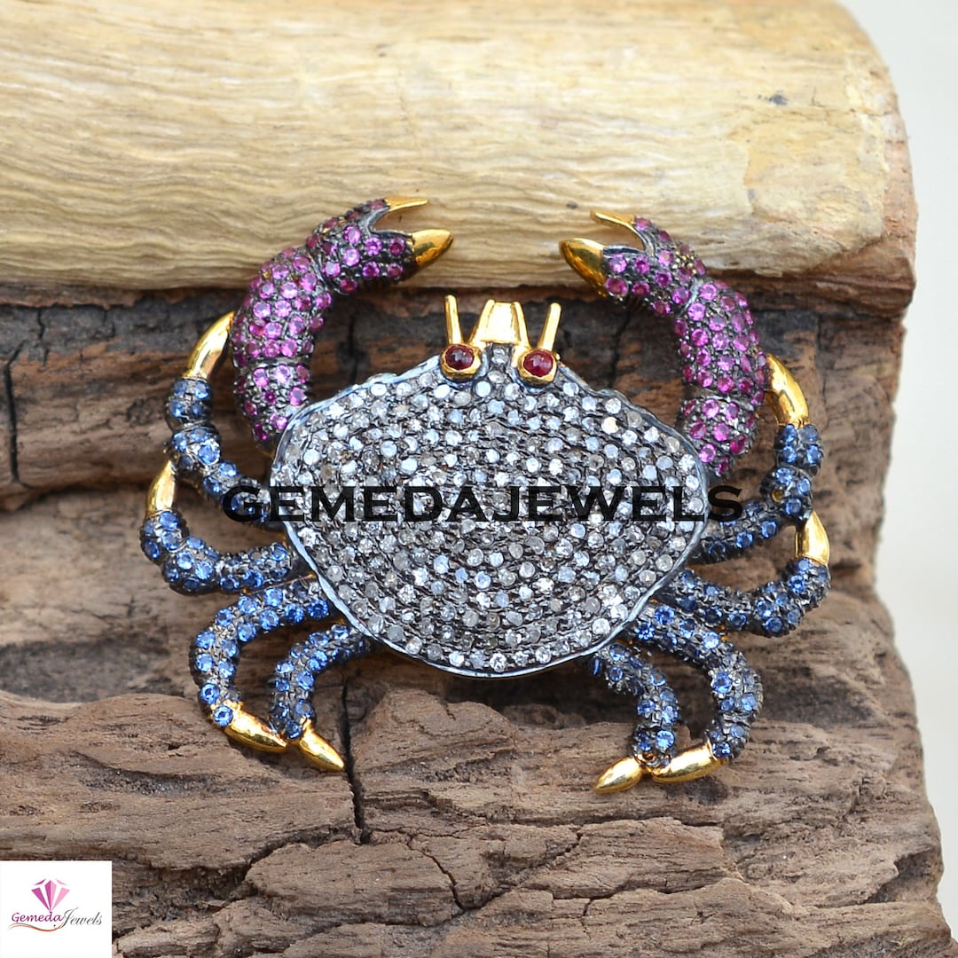 Pave Diamond Crab Pendant: Sapphire, Ruby, 14k Gold Plated, 925 Silver ...