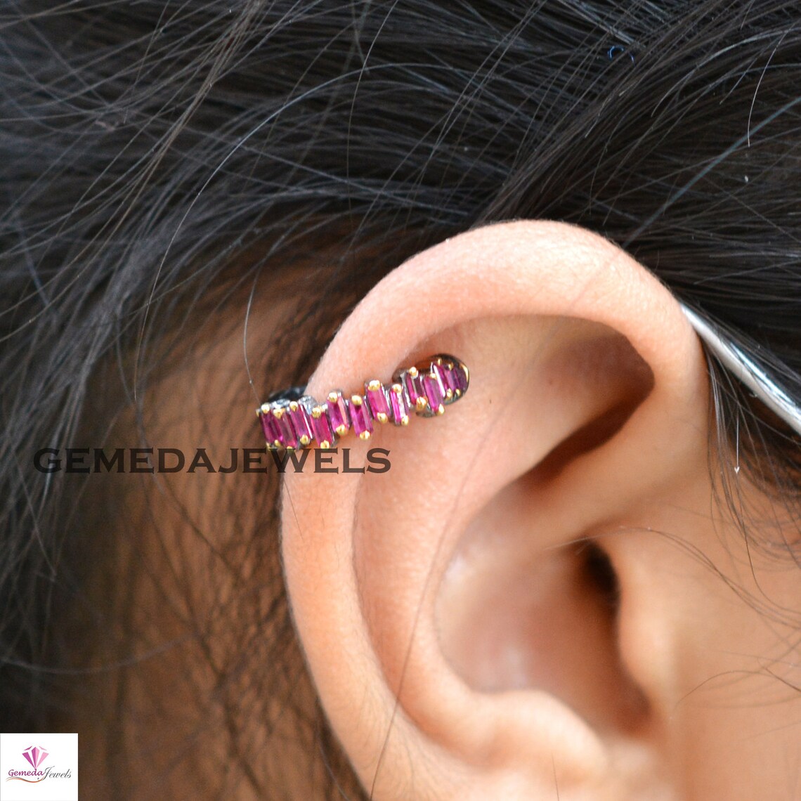Baguette Diamond Ear Cuff Ruby Gemstone Ear Cuff 925 Silver | Etsy