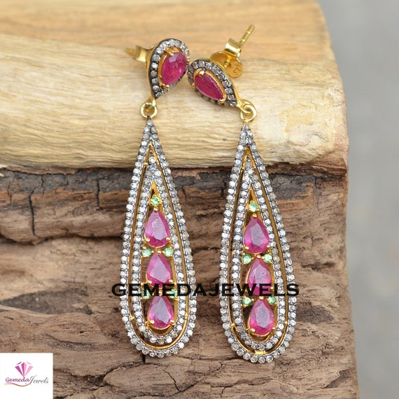 Ruby Gemstone Earrings Pave Diamond Earrings Gemstone 925 - Etsy