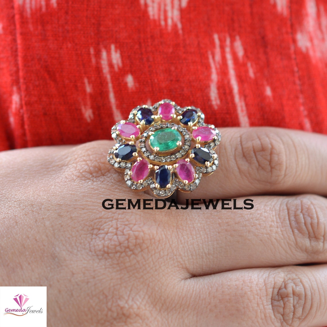 Multi Gemstone Flower Ring Ruby Gemstone Ring Sapphire 925 - Etsy