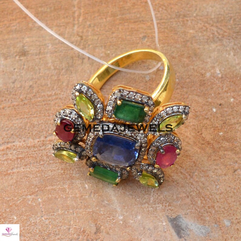Multi Gemstone Ring Gemstone Flower Ring Pave Diamond Ring | Etsy