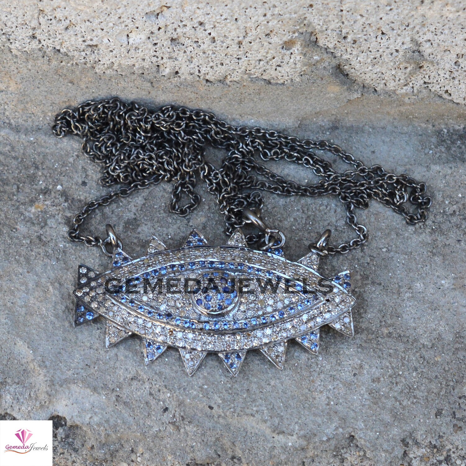 Pave Diamond Evil Eye Necklace Sapphire Evil Eye Pendant 925 | Etsy