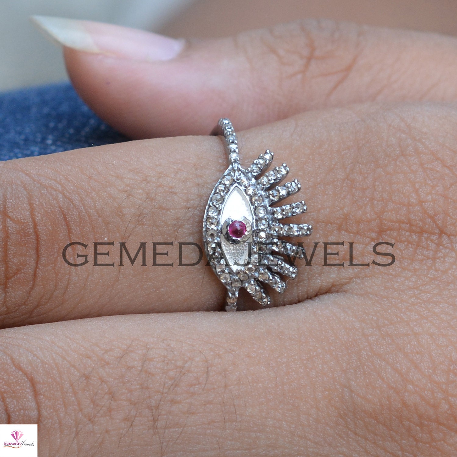 Natural Pave Diamond Ring Red Ruby Evil Eye Ring Sterling - Etsy