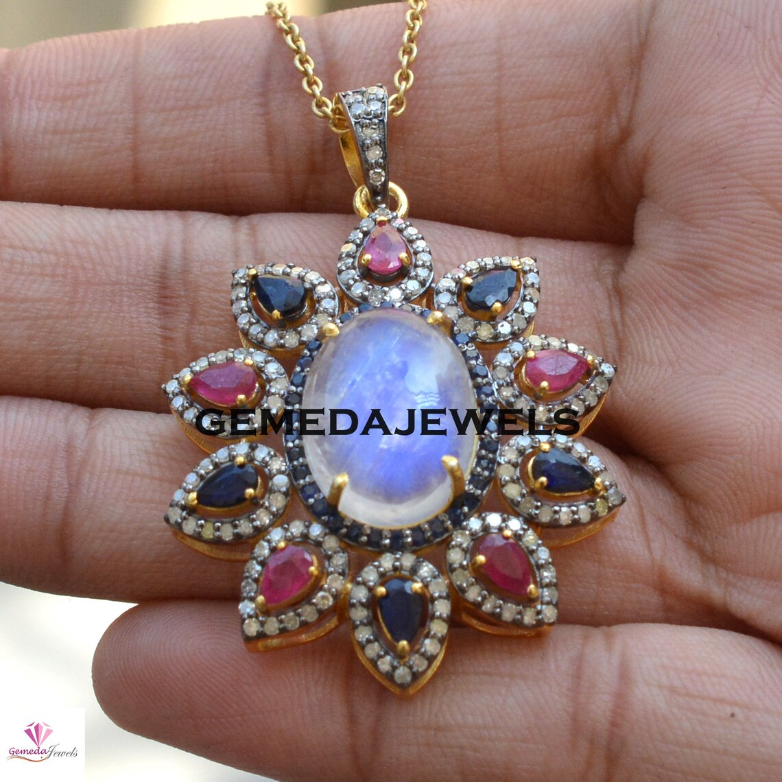 Moonstone Flower Pendant Pave Diamond Jewelry 925 Silver - Etsy