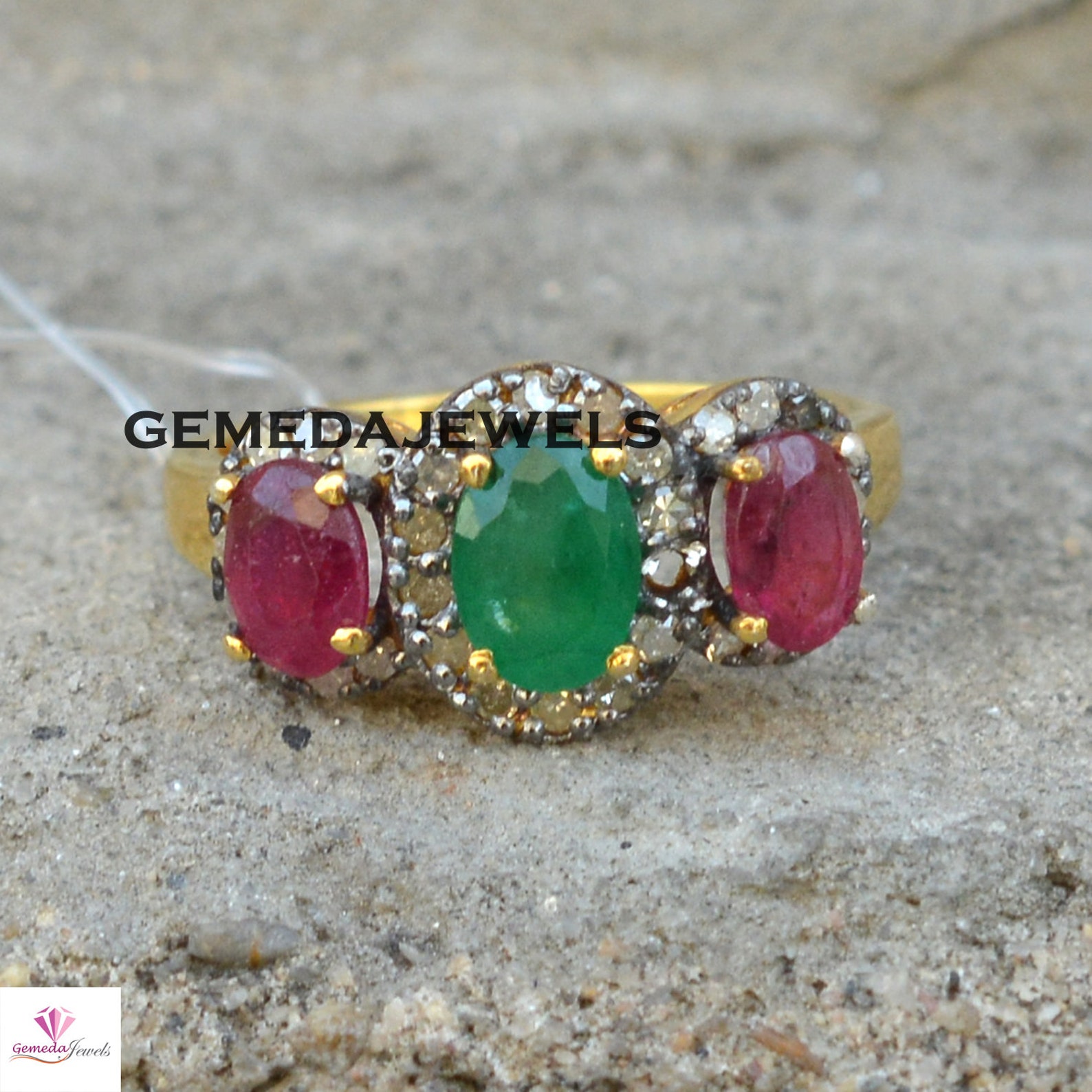 Emerald Gemstone Ring Three Stone Ring Gold Plated Jewelry | Etsy