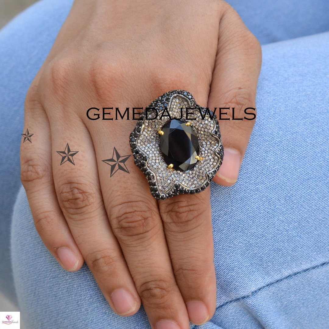 Black Spinel Silver Ring, Pave Diamond Ring, Diamond Flower Ring, 925 ...